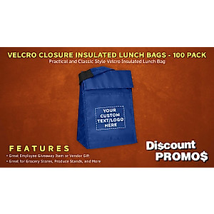 DISCOUNT PROMOS 100 Hook and Loop Insulated Lunch Bags Set - Customizable Text, Logo - Polyester, Durable, Vibrant, Reusable - Blue