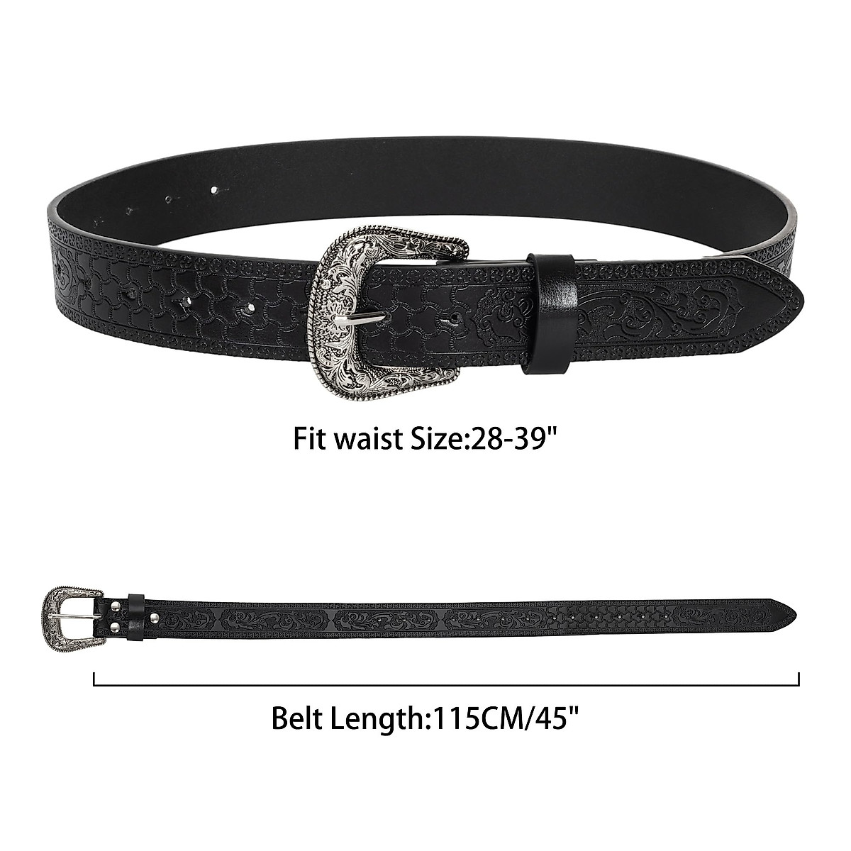 Vintage Western-Cowboy-Belt for Women Men - Carved Buckle PU Leather Waist Belts (for Waist 28"-39")