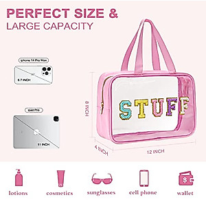 Yowivon Clear Tote Bag Pink Preppy Large Makeup Bag Travel Toiletry Cosmetic Organizer Bag with Handle, Transparent Waterproof Beach Bag Snack Stadium Bags for Women Girls