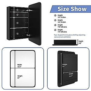 AGDULL Vintage-Style Bathroom Wood Wall Cabinet with Black Metal Frame Curved Mirror, Recessed Medicine Cabinet, Bathroom Storage Cabinet, Black, 17.5x29 Inch