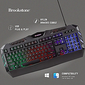Brookstone USB Wired Gaming Keyboard with Multi-Color LED Backlit Keys and Numeric Keypad, Mac and PC Compatible (w/Palm Rest)