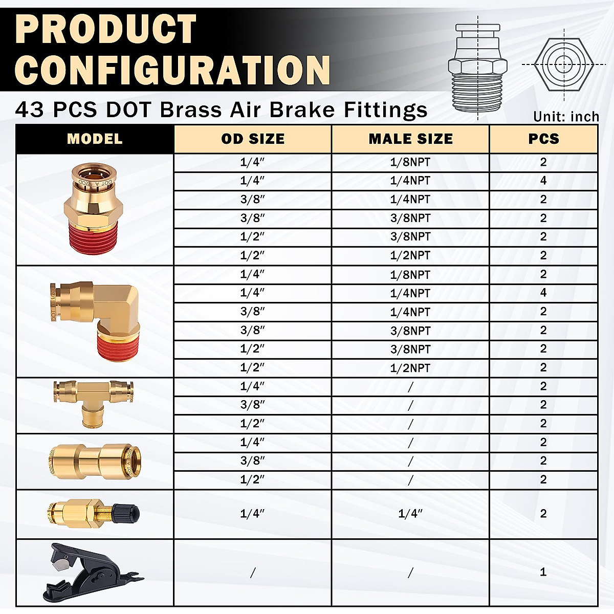 CheeMuii 43 PCS Brass DOT Air Brake Line Fittings 1/4" 3/8" 1/2" Push to Connect Fittings Quick Connect & NPT Thread Tube Air Hose Fittings Repair Kit for Truck or Industrial Air System