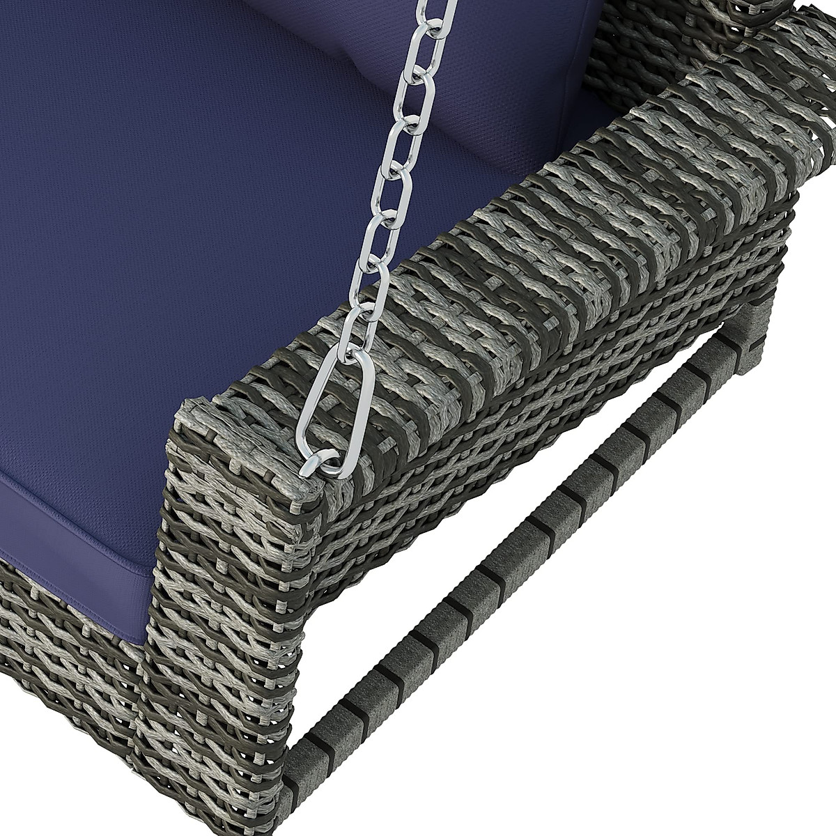 ERYE Outdoor PE Wicker Swing Chains, Pillows for Garden, Backyard, Pond Porch Furniture Set, 2 Seaters Double Rattan Cushioned Conversation Hanging Sofa & Couch, Gray+Blue