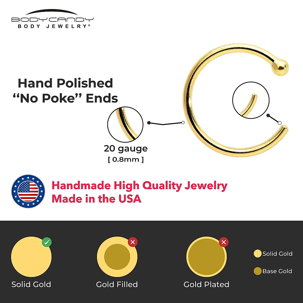 Body Candy 18k Gold Nose Hoop Ring, Hypoallergenic Nose Jewelry - Handmade in USA, 20 Gauge 5/16"