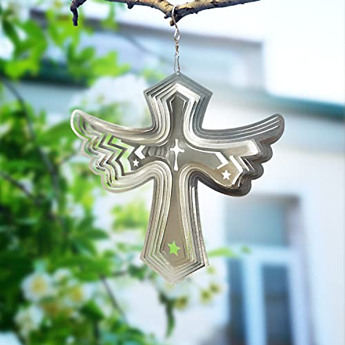 Fonmy Wind Spinner-Angel Wing Christmas Decor. Worth Gift Indoor Outdoor Garden Decoration Crafts Ornaments Metal Art Kinetic Yard Art Decorations 12 inch Silver Color Angel Wing Cross Wind Spinners