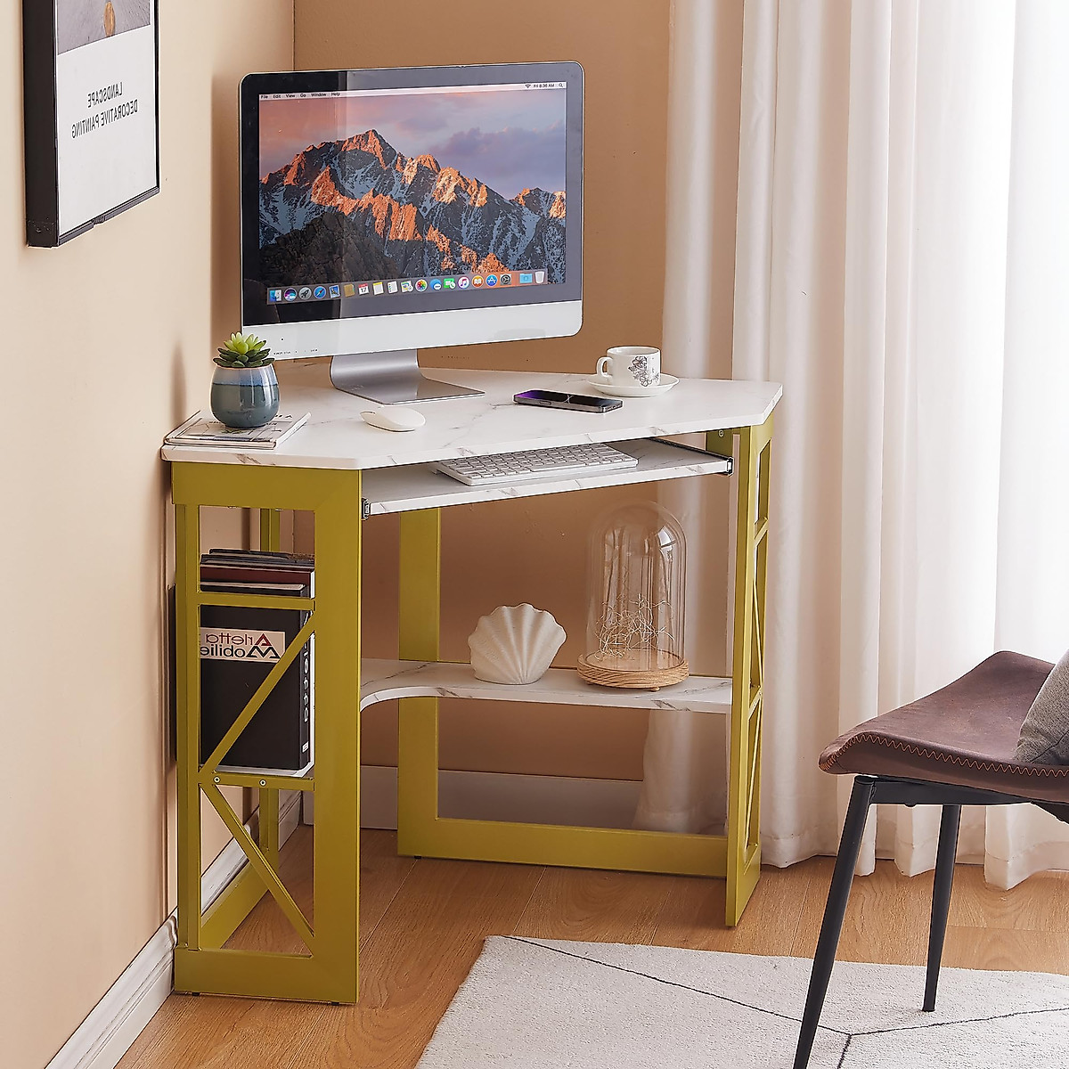 VECELO Corner Desk Computer Desk Writing Table with Smooth Keyboard Tray & Storage Shelves,Compact Home Office Triangle Table,Gold & White
