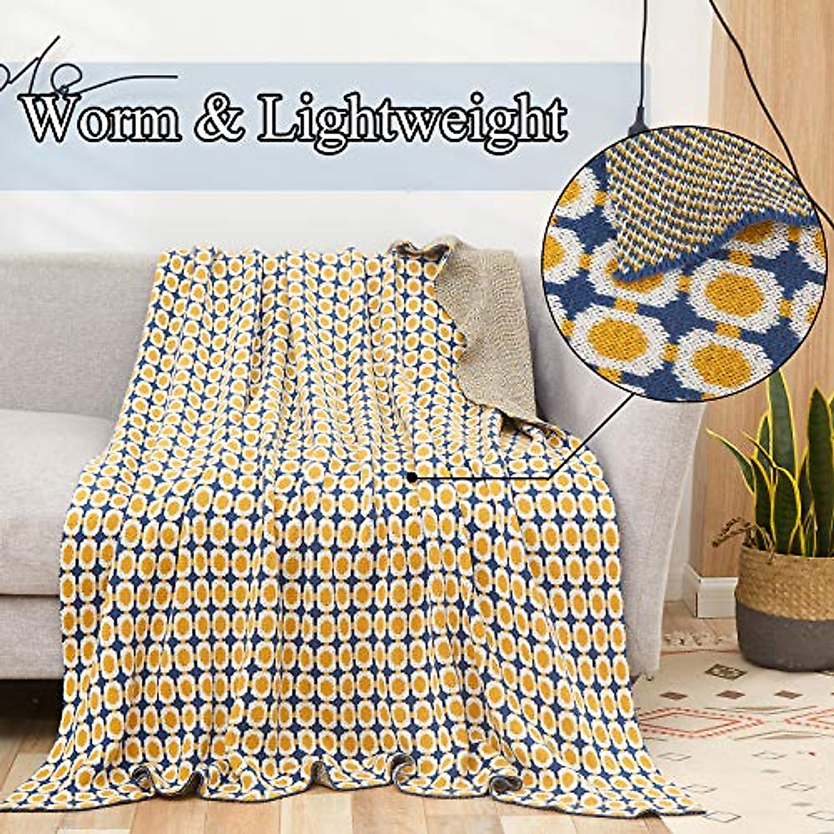 Throw Blanket Ultra Soft Natural Knitted Blanket Home Decor Bedding Blankets Cozy Knit Throw Blanket for Couch Sofa Bed Beach Picnic All Seasons (Yellow & Blue)