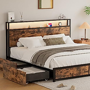 Fluest King Bed Frame with Headboard Storage Drawers Metal Bed Frame with Storage LED Lights Headboard Built-in Charging Station USB&Type-C Ports,No Box Spring Needed,Mattress Foundation,Vintage Brown