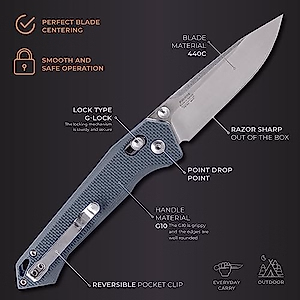 Firebird Ganzo FB7651-GY Pocket Folding Knife 440C Stainless Steel Blade G10 Anti-Slip Handle with Clip Hunting Fishing Camping Folder Outdoor EDC Knife (Grey)
