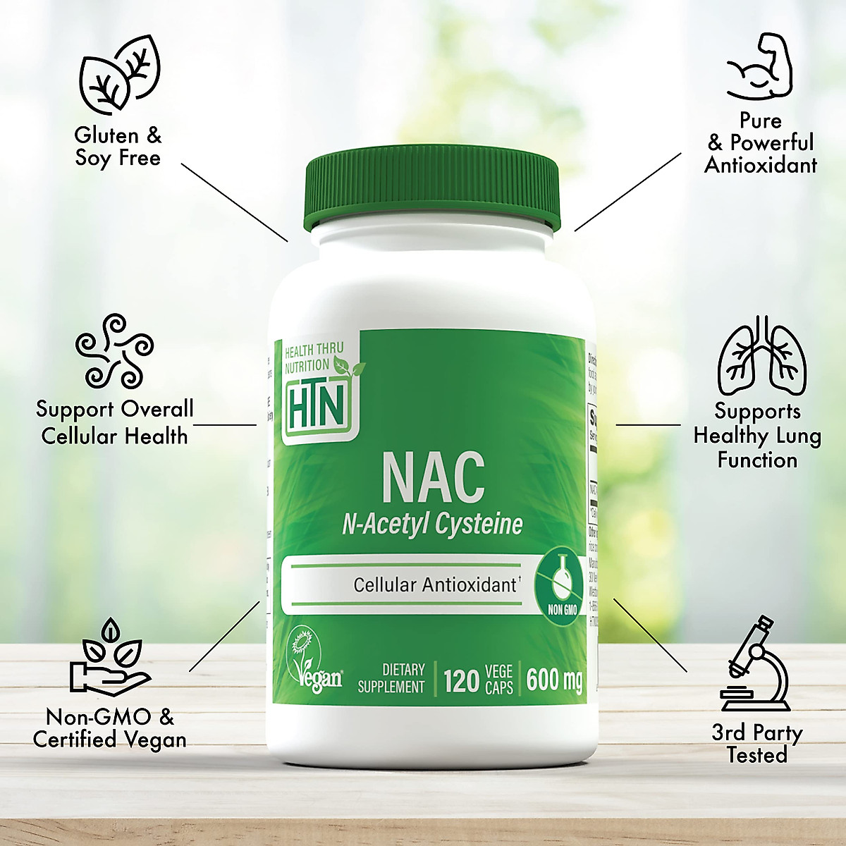 Health Thru Nutrition NAC N-Acetyl-Cysteine 600mg 120 Capsules | Vegan Certified | The Purest NAC Supplement | Supports Healthy Lung Liver Functions & Cellular Health | Non-GMO Soy & Gluten Free