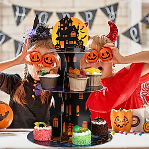 Nuenen Halloween Party Cupcake Stand Decorations, 3 Tier Happy Halloween Theme Party Cupcake Holder Tower Haunted Decor for Kids Halloween Day of the Dead Birthday Party Display Supplies