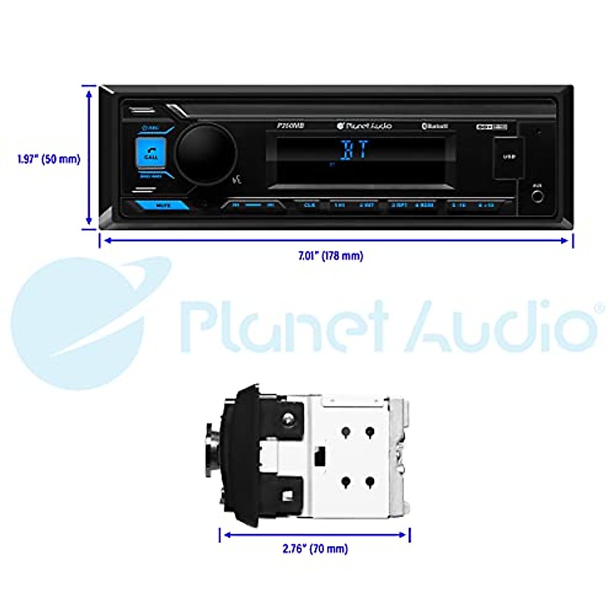 Planet Audio P350MB Car Audio Stereo System - Single Din, Bluetooth Audio and Calling Head Unit, MP3, USB Audio, USB Charging, AUX Input, AM/FM Radio Receiver, No CD Player, Hook Up to Amplifier