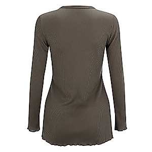 Women's Casual Solid Color Ribbed Top Long Sleeve V-Neck Pullover Knit Shirt Comfy Buttons Slim Workout Plain Blouses Khaki