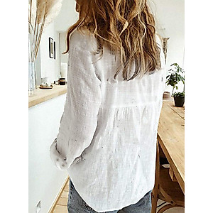 Astylish Women Fashion Clothing Long Sleeve Button Up Linen Shirts Business Casual Clothes White X-Large