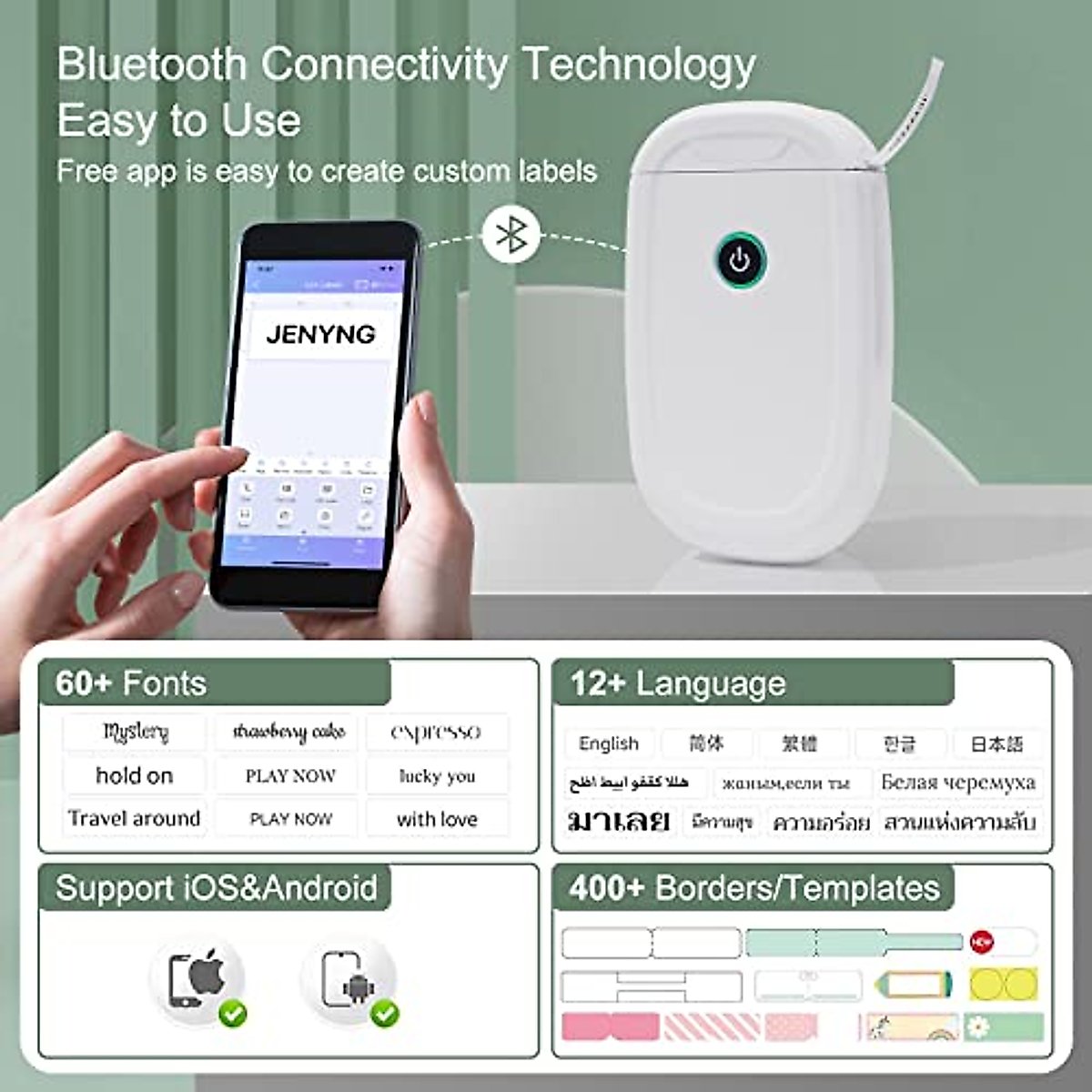 JENYNG Label Maker Machine with Tape,Portable Labeler Wireless Mini Thermal Label Printer for Home, Office,Shipping, Barcode, Mailing, Organizing, Label Maker with Multiple Templates USB Rechargeable