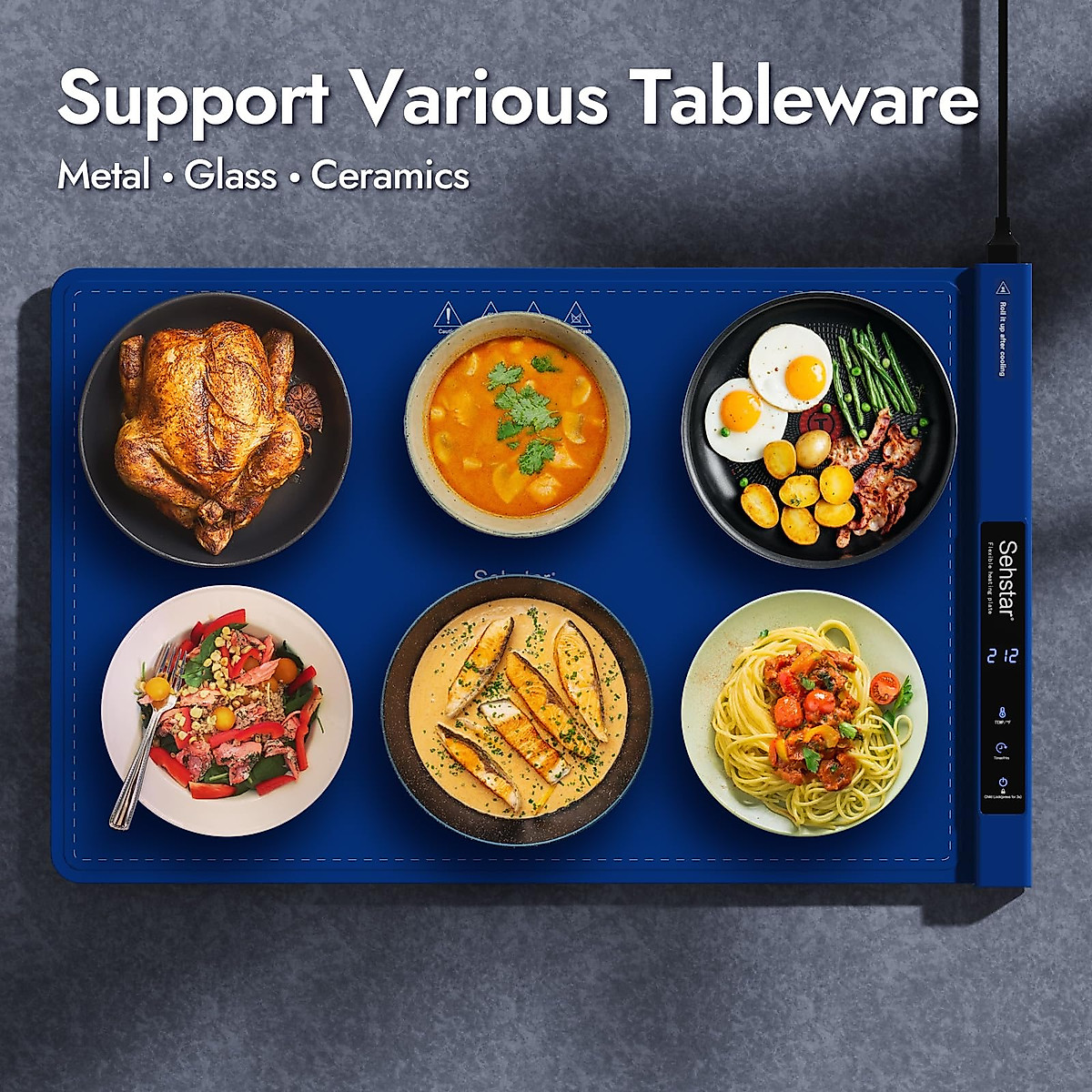 Electric Warming Tray Rollable&Portable Full Surface Heating Premium Silicone Health BPA Material for Adults&Kids 6 Temperature Settings Timer Child Lock Versatile Food Warming Mat for Gathering