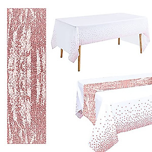 FGSAEOR Rose Gold Tablecloth, 12x108inch Sequins Table Runners and 54x108inch Plastic Table Cloths for Party Decorations, Sparkling Party Supplies Table Cover for Indoor Outdoor Parties