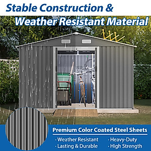 Favfurish 10×8 FT Metal Outdoor Storage Shed, Large Garden Sheds with Metal Foundation & Lockable Doors, All Weather Anti-Corrosion Galvanized Steel Tool House for Backyard Garden Lawn,Grey