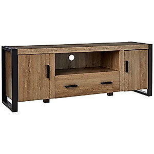 Walker Edison Industrial Modern Wood Universal TV Stand with Cabinet Doors and Open Shelves for TV's up to 64" Flat Screen Living Room Storage Entertainment Center, 60 Inch, Driftwood