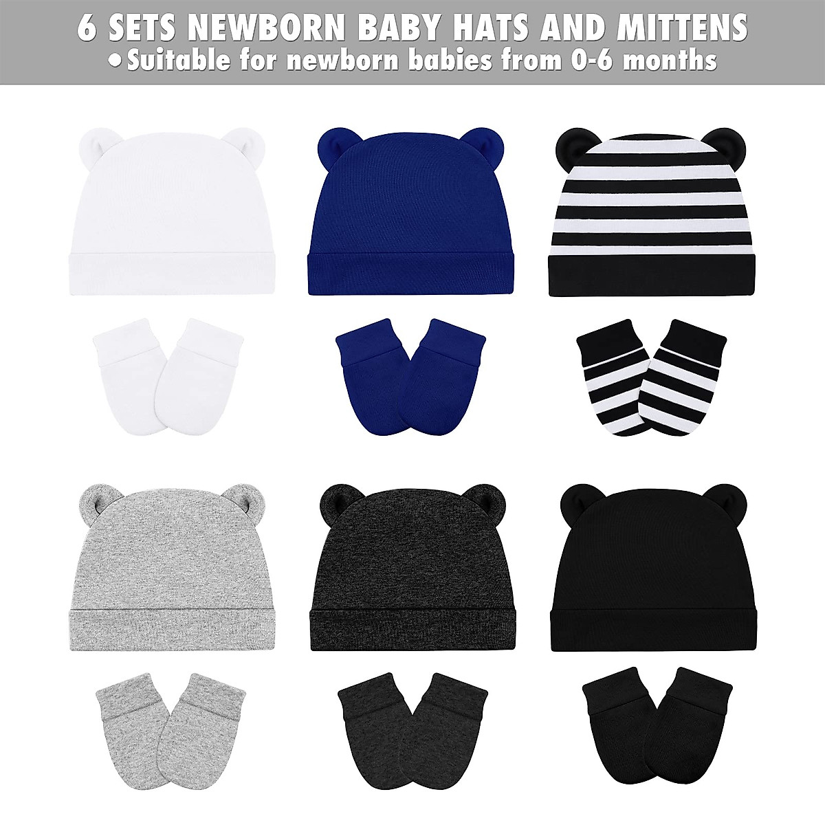 URATOT 6 Sets Newborn Baby Hats Mittens Sets Unisex Cotton Bear Ears Infant Caps Beanie Hat No Scratch Mittens for 0-3 Months