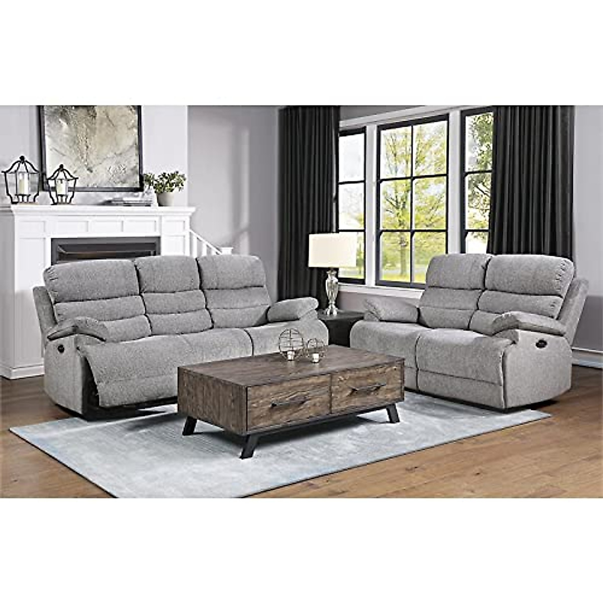 Pemberly Row Transitional Fabric Power Headrest Double Reclining Sofa in Gray