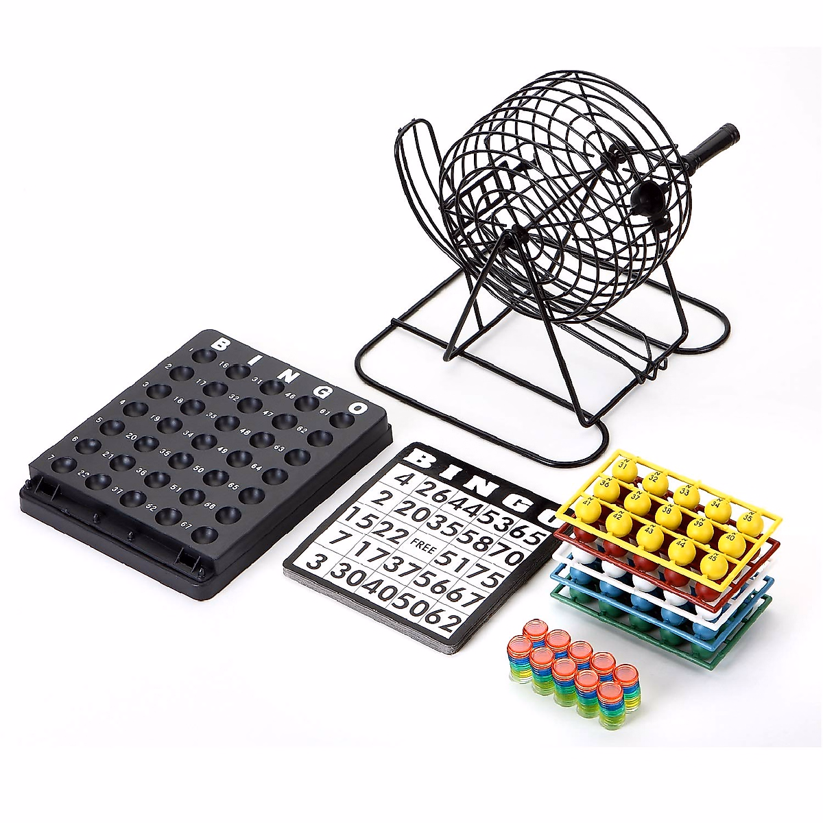 WIn SPORTS Bingo Game Set,8 Inch Metal Cage with Master Board,75 Multicolored Balls,150 Bingo Chips and 18 Bingo Cards, Ideal for Large Group Casino Game Set
