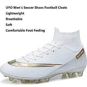 Men's Football Cleats with High-Top Non-Slip Spikes Ankle Supports Indoor Outdoor Firm Ground Soccer Shoes White EU 42 US 9