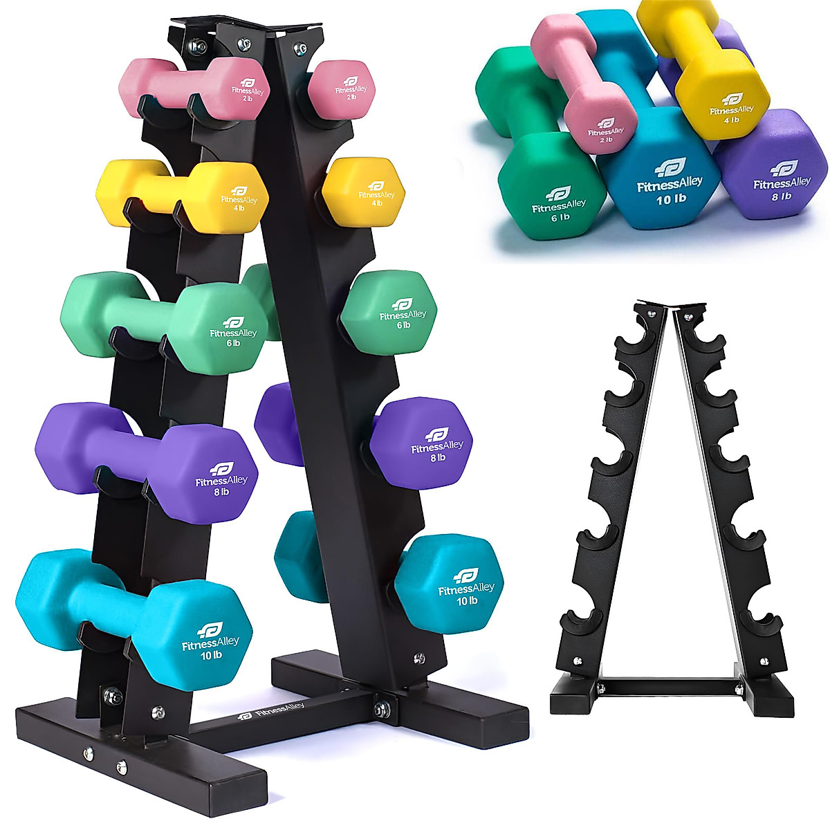 Fitness Alley Neoprene Dumbbell 5 Tier Rack & 5 Pairs Set (2,4,6,8,10 Lbs) Coated for Non Slip Grip - Hex Dumbbells Weight Set - Neoprene Hand Weight Pairs - Hex Hand Weights Neoprene Dumbbells Combo