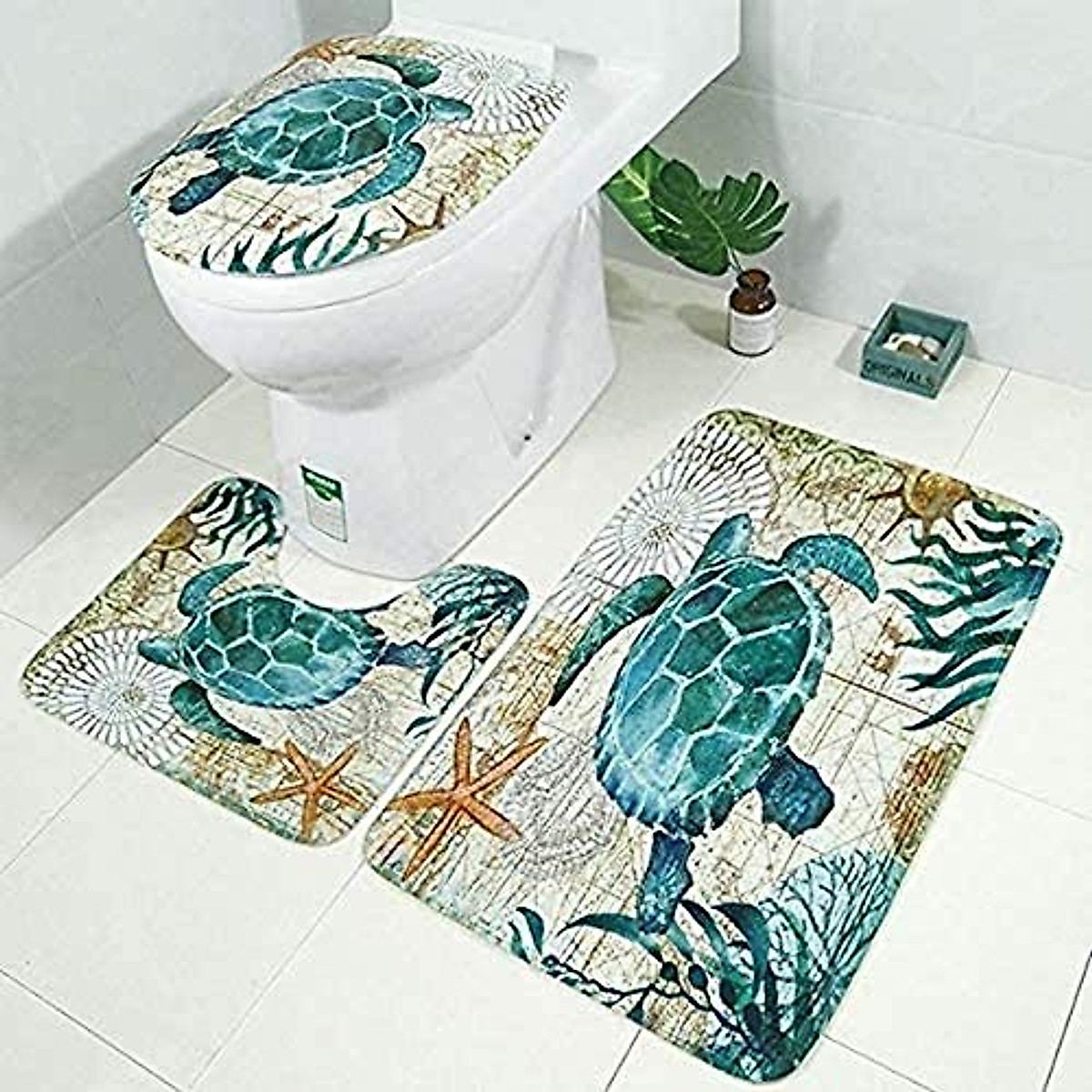 4PCS Underwater World Shower Curtain Sets with Non-Slip Rugs, Toilet Lid Cover and Bath Mat, Nautical Ocean Shower Curtains with 12 Hook s, Durable Waterproof Bath Curtain (Turtle, Medium)