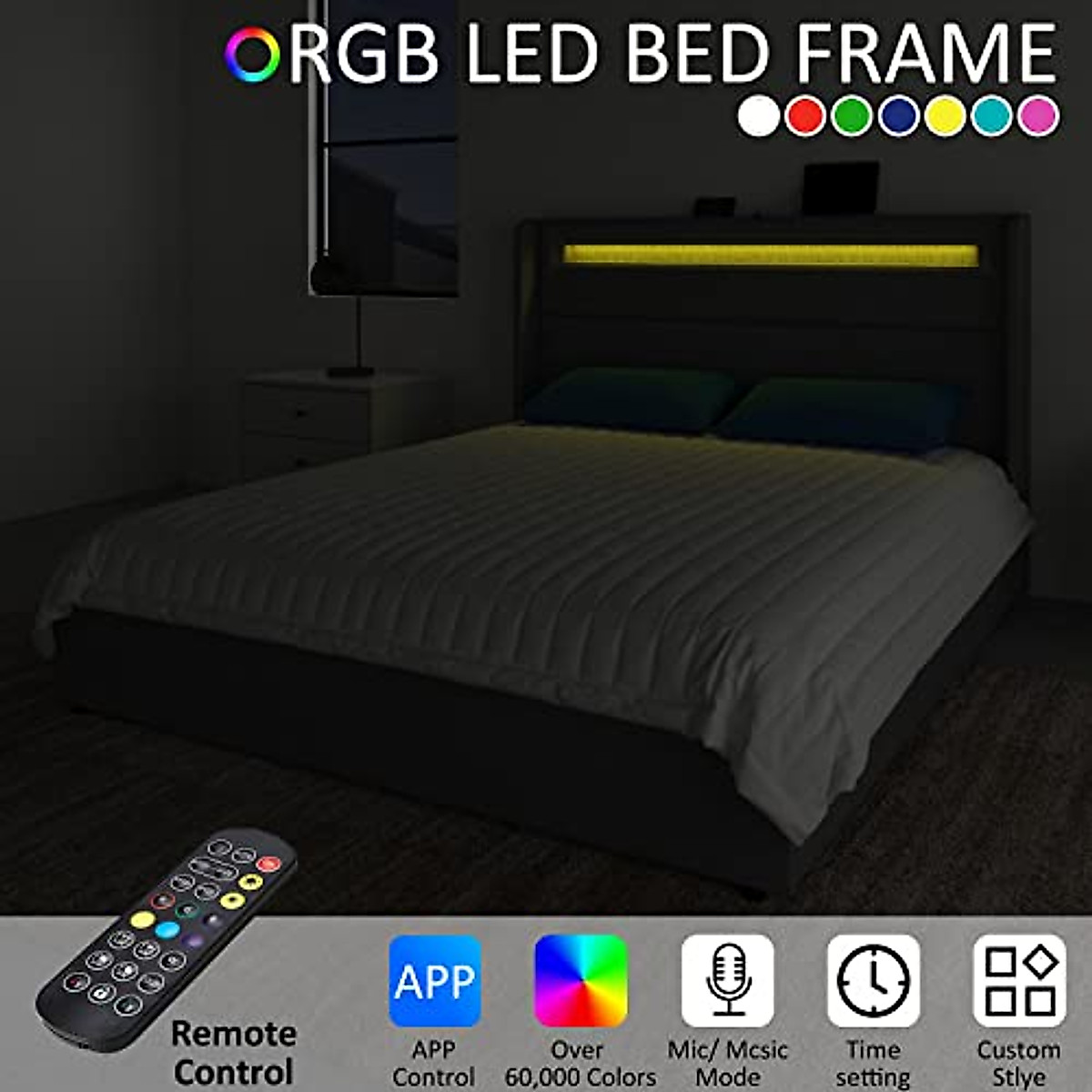 LUXOAK King LED Bed Frame with Wingback Headboard & 4 Storage Drawers, Upholstered Platform Bed with USB & USB-C Ports, App/Remote Control, Box Spring Optional, Dark Grey