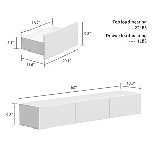 AIEGLE Floating TV Stand Wall Mounted, Non-Glossy Entertainment Center with 3 Drawers & 16-Color LED Lights, Modern TV Cabinet Console Shelf, White 63" W