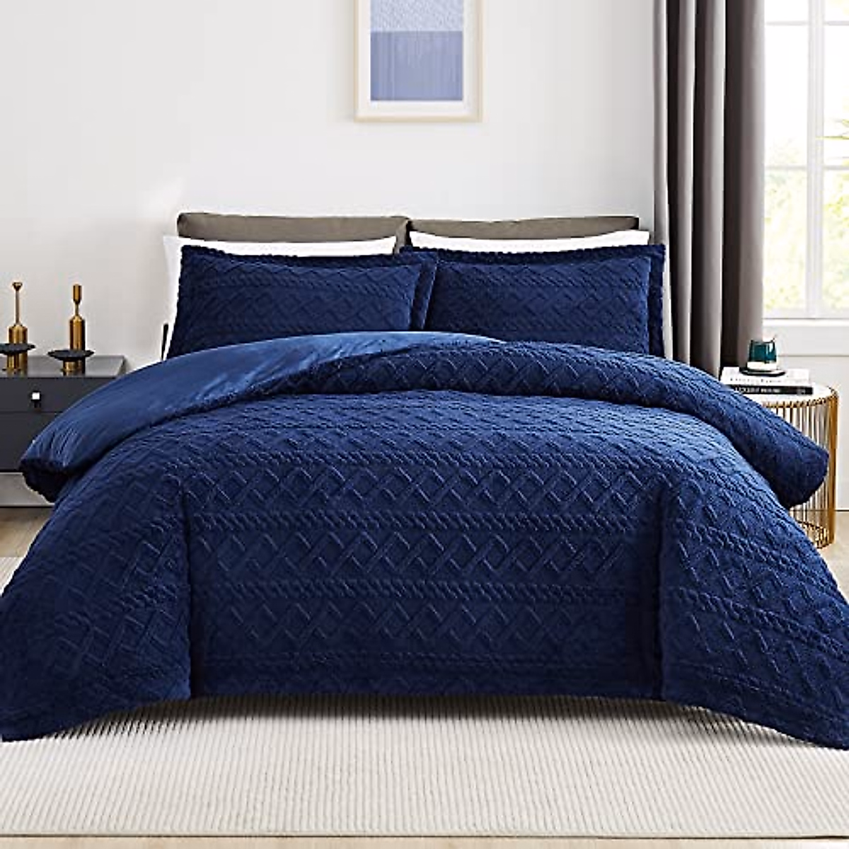 Topcee Navy Blue Duvet Cover Queen Size-Tufted Queen Duvet Cover Set - Extremely Fluffy Soft Plush, 3 Pieces with Zipper Closure (1 Bedding Duvet Cover 90x90 inches and 2 Pillow Shams)