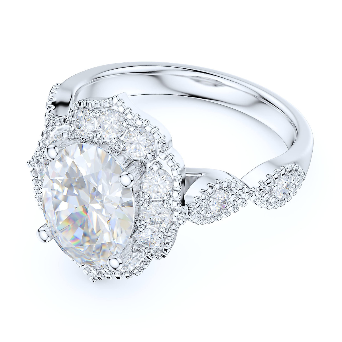 PRSTANI Sterling Silver Vintage Milgrain 2CT Oval Cut Genuine Moissanite Promise Ring Halo Engagement Ring (7)