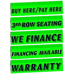 Versa Tags Windshield Slogan Stickers 12 Pack Each of Buy HERE Pay HERE, 3RD Row Seating, WE Finance, FINANCING Available, Warranty (60) Window Stickers Total Dealership Stickers Black On Green