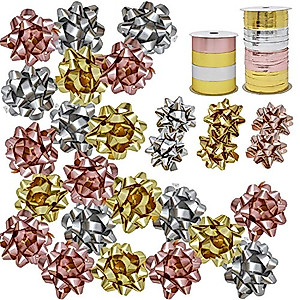 30 Self Adhesive Christmas Bows with 8 Rolls of Holiday Curling Ribbon Rolls Matte and Metallic Gold Silver and Rose Gold Bows in 3 Assorted Sizes for Packages & Presents Gift Wrapping Decorations