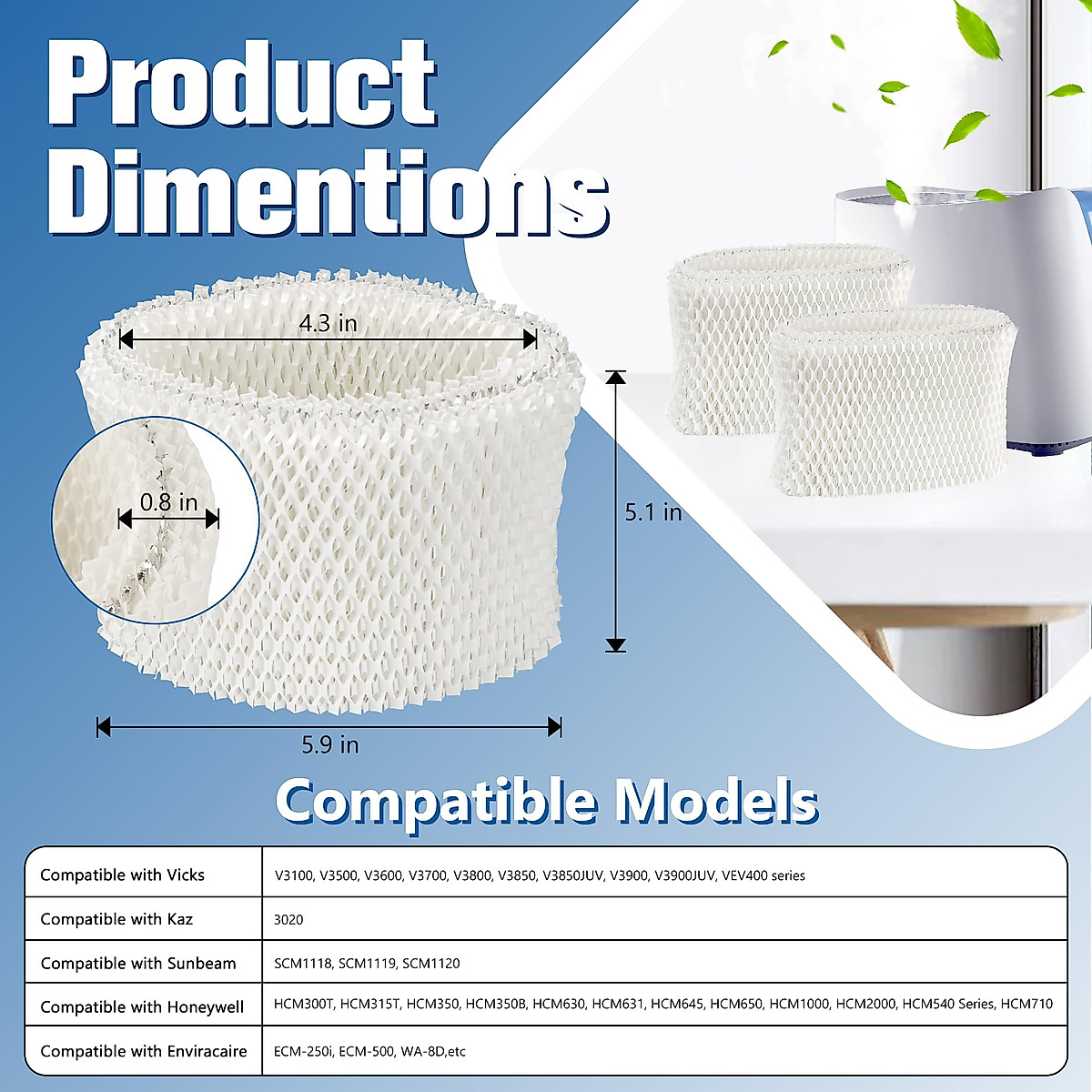 Funmit WF2 Humidifier Filter Replacement for Vicks Kaz Humidifier Starry Night Cool Mist V3500N V3700 V3100 V3900 Sunbeam 1118 1119 Honeywell HCM-300T HCM-350 WA-8D Enviracaire ECM-500 6 Pack