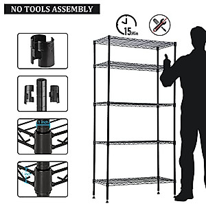 Storage Metal Shelf, 5 Tier Heavy Duty Shelves, Organizer Metal Wire Rack, NSF Wire Shelving Unit, Durable Shelving for Garage Pantry Closet Kitchen Office Laundry, 14"D x 24"W x 60"H, 750 Lbs(Black)