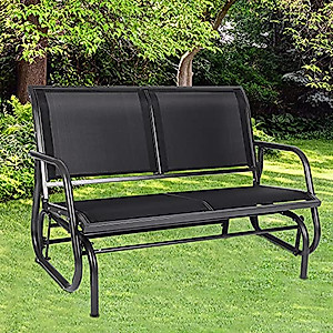 Koreyosh Outdoor Glider Bench 2-Person Rocking Loveseat Chair Patio Swing Rocker w/Powder Coated Frame and Textilene Mesh Seating for Porch Yard Graden, Black