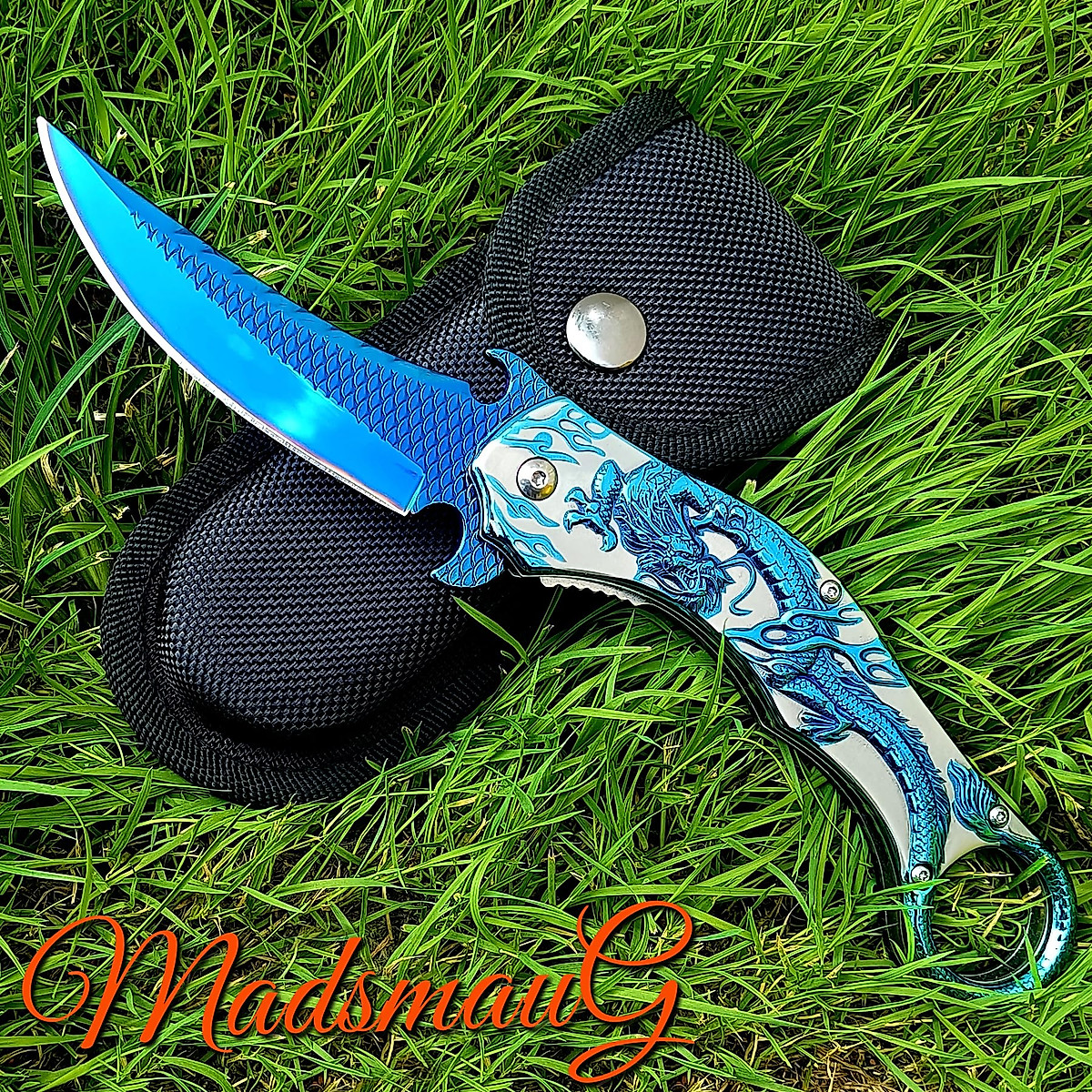 MADSMAUG Pocket Knife, 9Cr18Mo BLADE Pocket Folding Knife With Sheath, Cool 3D Dragon EDC knife, Great Gift Pocket Knife For Men Outdoor Survival Camping (Blue)