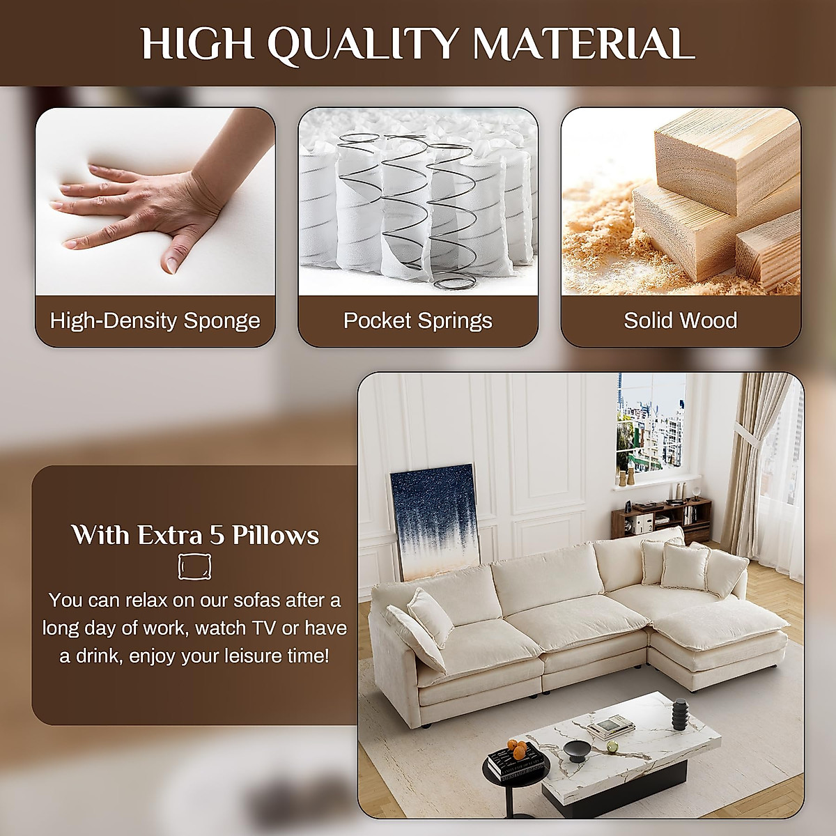 Wrofly Modular Sectional Sofa, 111.5" Comfy Chenille Deep Seat 3 Seater Cloud Couch, Oversized L Shaped Sofa with Convertible Ottoman, Modern Sleeper Sofa Set for Living Room Apartment Office, Beige