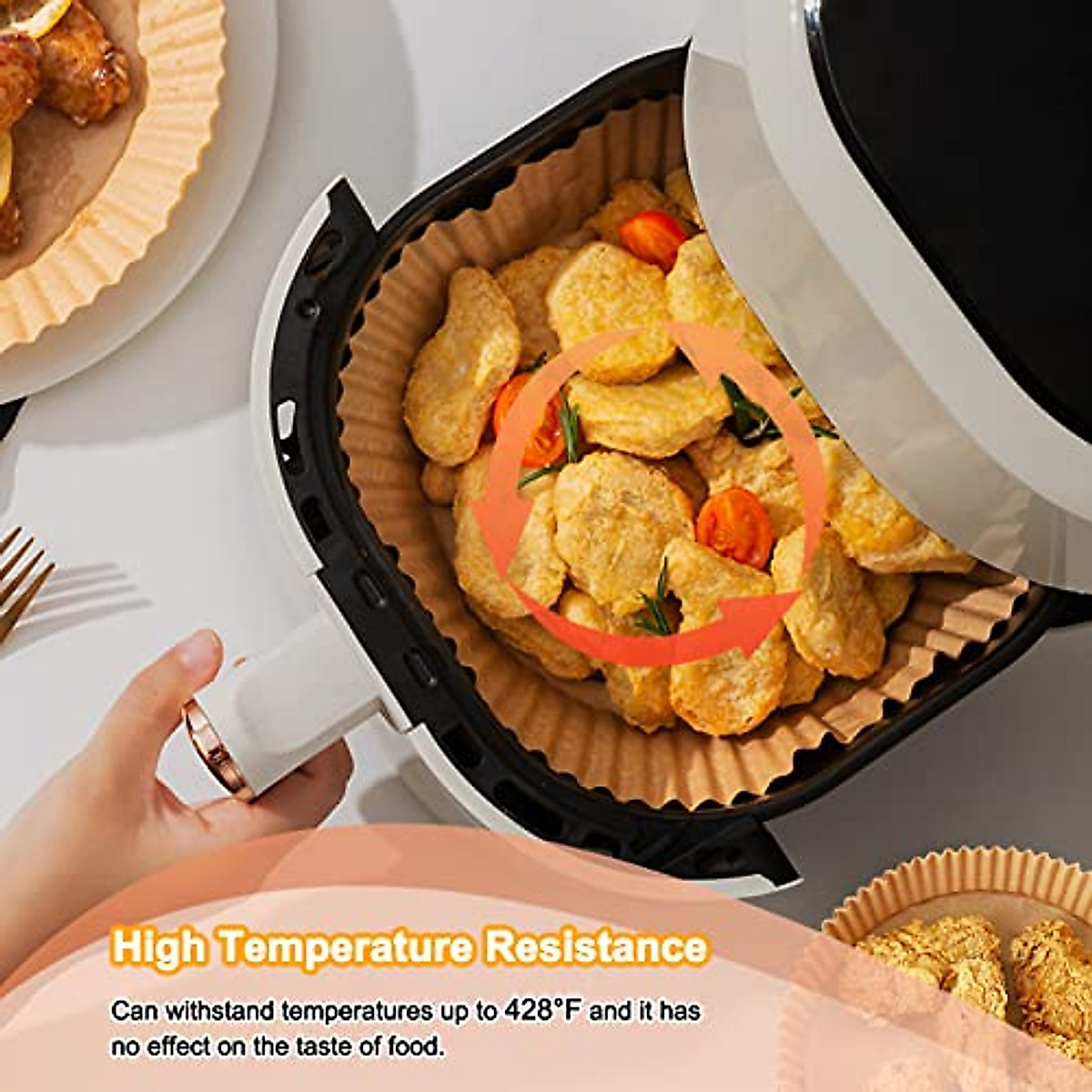 ZenTiky 100pc Air Fryer Disposable Paper Liner, Disposable Fryer Paper Pads, Non-Stick Air Fryer Liners with 100pc Disposable Gloves and Baking Brush for Baking Roasting Microwave Frying Pan, 6.3"