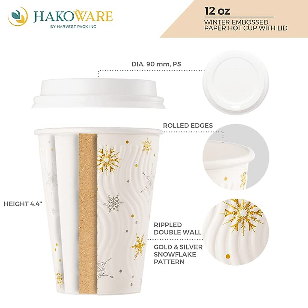 [100 SET]Harvest Pack 12 oz Christmas Coffee Cups, White Snowflake Winter Disposable Paper Cups, Insulated Ripple Wall Paper Cups with Lids, XMAS Gold and Silver Foil, Hot Chocolate To go