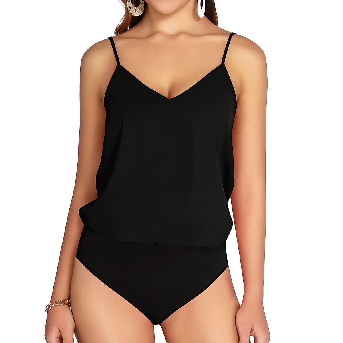 MANGOPOP Women's Bodysuit V Neck Spaghetti Strap Tank Tops Cami Backless Sleeveless Loose Fit Blouse Body Suits Sexy Casual