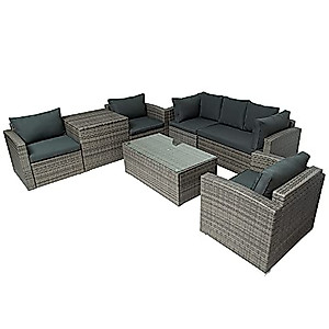BIADNBZ 7 Piece Outdoor Patio Furniture Set for 6,All-Weather Wicker Sectional Sofa with a Loveseat and Storage Box, Rattan Conversation Couch with Glass Table for Garden Backyard, Grey