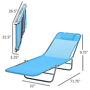 Outsunny Folding Chaise Lounge Pool Chairs, Outdoor Sun Tanning Chairs with Pillow, Reclining Back, Steel Frame & Breathable Mesh for Beach, Yard, Patio, Blue