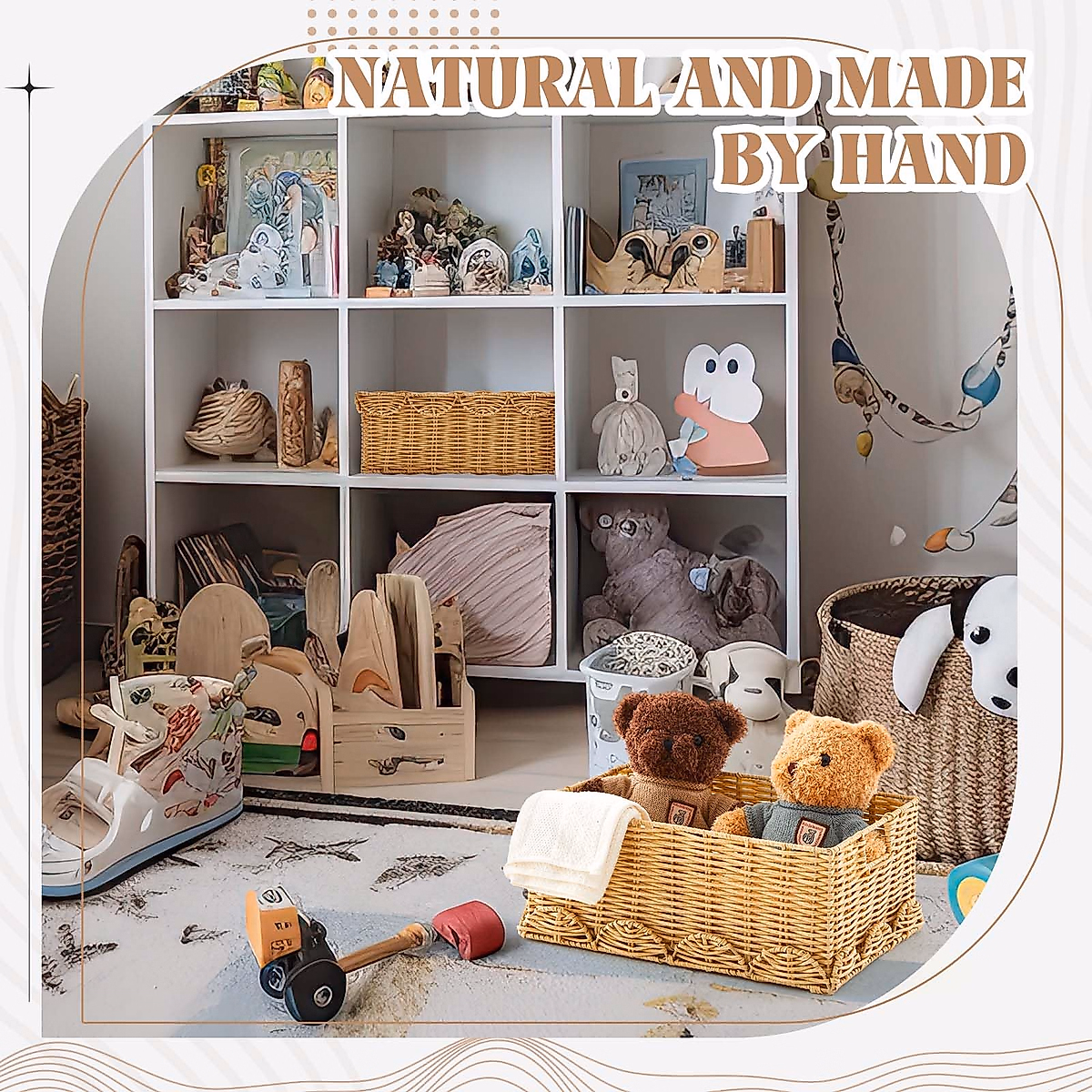 Sintuff 2 Pieces Hand Woven Rattan Basket with Lid Scalloped Storage Basket 2 Sizes Multipurpose Wicker Basket Large Decorative Storage Box for Shelf Closet, Natural