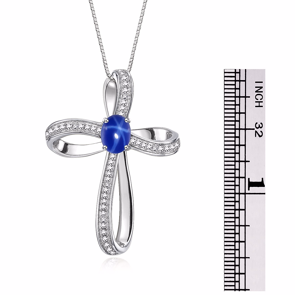 Rylos Necklace Sterling Silver Cross Necklace Gemstone & Diamonds Pendant With 18" Chain 8X6MM Blue Star Sapphire September Birthstone Womens Jewelry Silver Necklace