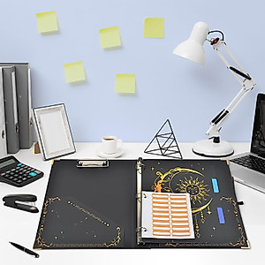 3 Ring Binder 1 Inch Three Ring Binder Cute Binder Fits A4 Paper Decorative Clipboard Binder with 5 Tab Dividers for School Office Supplies(Black Gold Sun Moon)