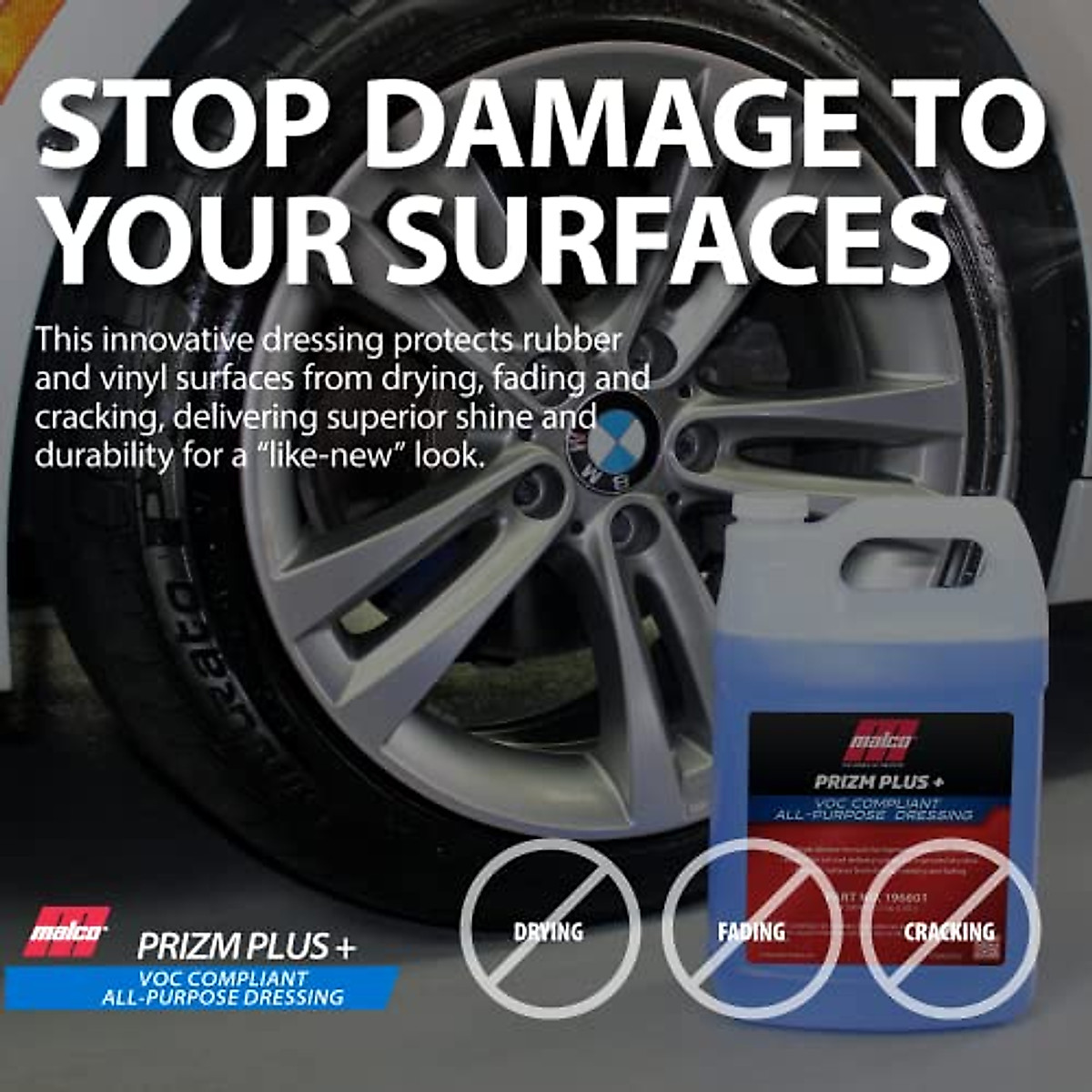 Malco Prizm Plus All-Purpose Dressing – Ultra High Silicone Formula Gives Superior Shine and Durability to Interior Rubber and Vinyl Surfaces/Protects Against Fading and Cracking/1 Gallon (196601)