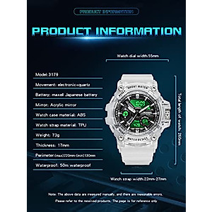 KXAITO Men's Analog Sports Watch Military Watch Outdoor LED Stopwatch Digital Electronic Large Dual Display Waterproof Tactical Army Wrist Watches for Men 3179 (Translucent White)